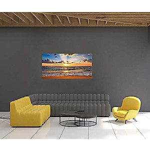 Muolunna BK1850 Wall Art Decor Large Canvas Print Picture Sunrise Ocean Beach Waves Scenery Modern Painting Artwork for Office Wall Decor Home Decoration Stretched and Framed Ready to Hang, 20x40inch x1pcs