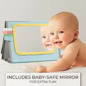 Soft Tummy Time Book with Large Stimulating Baby Safe Mirror - Fun High Contrast Montessori Toy w/ Mirror, Crinkle Paper & Silicone Teether - The Perfect Toy For Safe Early Newborn/Infant Development