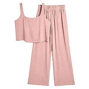AUTOMET 2 Piece Summer Outfits for Women Casual Soft Lounge Matching Sets Two Piece Linen Crop Top Pants 2024 Fashion Clothes Pink L