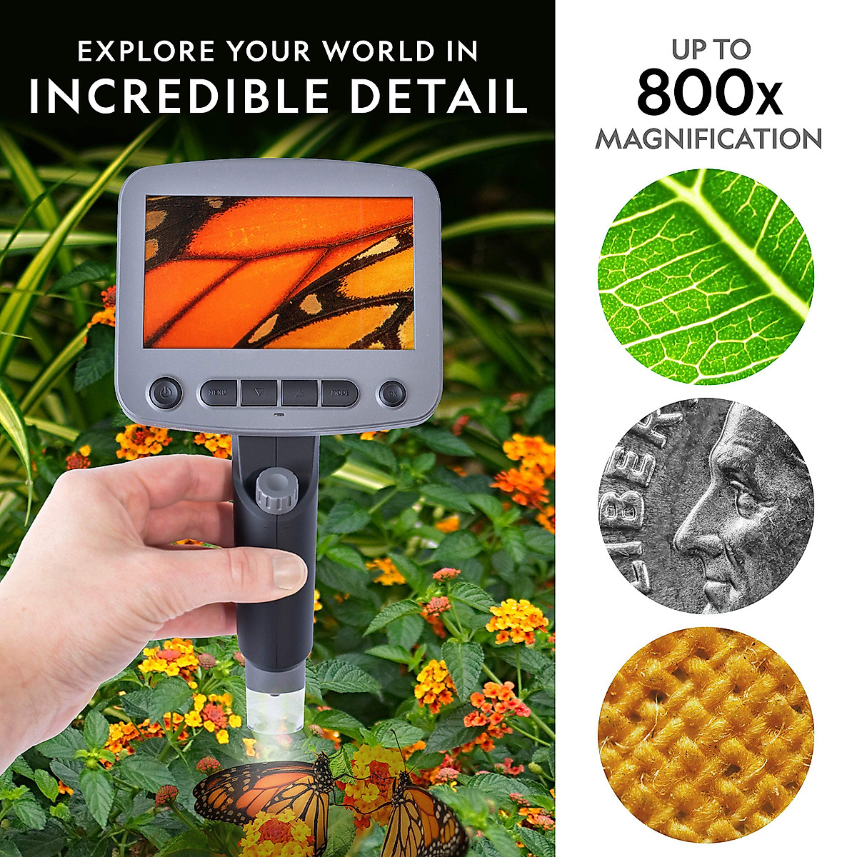 National Geographic Digital Microscope for Kids – 40-Piece Handheld Microscope, Lightweight, Portable, Capture 1080p Photos & Video on Micro SD Card, Tilting 4.3-Inch LCD Screen, 800x Magnification