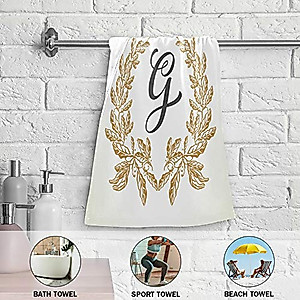 Oreayn Monogrammed Hand Towel for Bathroom Kitchen Beach Polyester Cotton Set of 2 Gold Leaves Wreath Fingertip Towel Soft Absorbent 28.3 x 14.4 Inch, Monogram Letter G