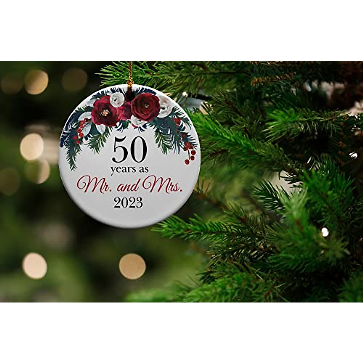50 Years as Mr. and Mrs. Ceramic Christmas Tree Ornament Collectible Holiday Keepsake 2.875" Round Ornament in Decorative Gift Box with Bow- Perfect 50th Wedding