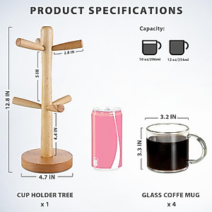 Aquach Coffee Glass Mugs Set of 4, 12 oz, Including Wooden Cup Holder Tree, 6 Hooks
