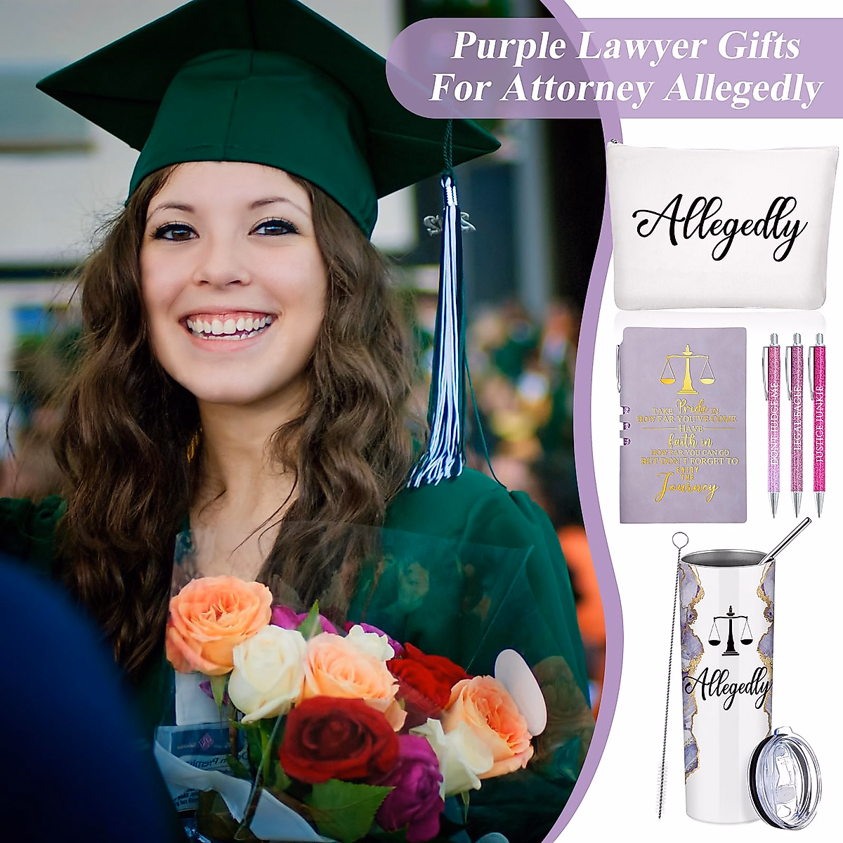 Domensi 6 Pcs Funny Allegedly Lawyer Gifts Judge Gift Lawyer Appreciation Day Gift 20 oz Marble Sign Tumbler Makeup Bag Notepad Ballpoints for Law Paralegal School College Teacher(Purple)