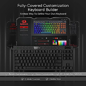 Redragon K622 Horus TKL RGB Mechanical Keyboard, Ultra-Thin Designed Wired Gaming Keyboard w/Low Profile Keycaps, Dedicated Media Control & Clicky Blue Switch, Pro Software Supported