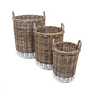 happimess BSK1000A-3SET Ternion Cottage Hand-Woven Rattan Nesting Baskets with Handles for Storage and Decoration in Bedroom, Living Room, Laundry Room, Entryway, Kubu Gray/White (Set of 3)