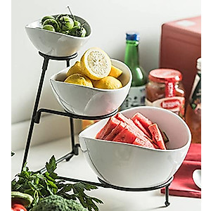 YHOSSEUN 3 Tier Serving Stand Tiered Oval Bowl Stand with 3 Oval Porcelain Serving Bowl Set with Collapsible Thicker Sturdier Metal Rack (Black)