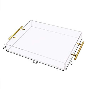 11x14 Clear Acrylic Serving Tray with Gold Handle,Spill Proof Clear Acrylic Trays Plastic Serving Tray for Breakfast,Coffee,Organize,Decor,Cosmetic