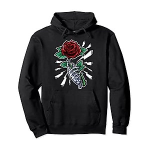 Tattoo Skeleton Hand Red Rose Flower Pullover Hoodie