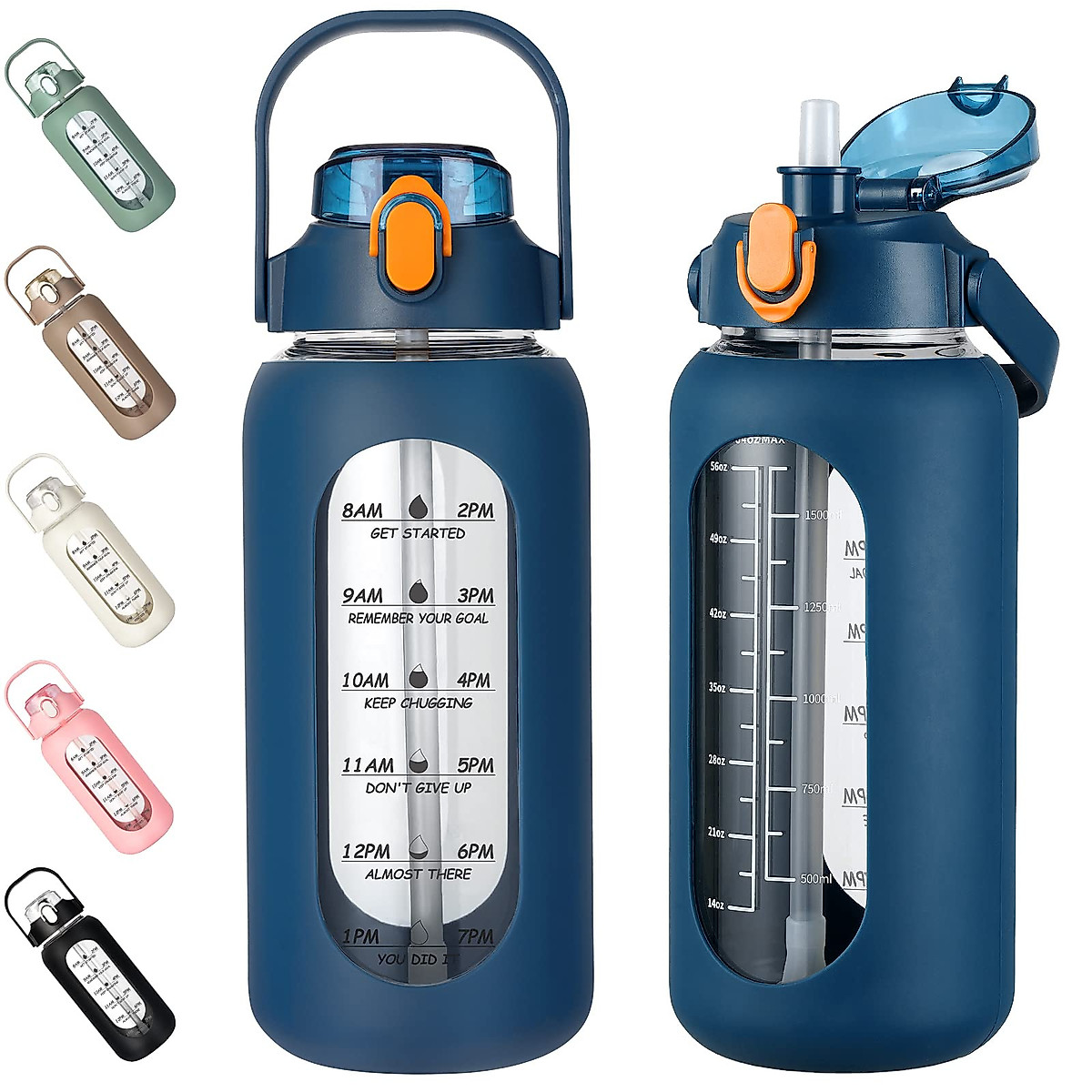 kytffu 64oz Glass Water Bottles with Straw, Half Gallon Motivational Glass Bottle with Silicone Sleeve and Time Marker, 2L Leakproof Large Glass Water Jug for Gym Home Office,Blue