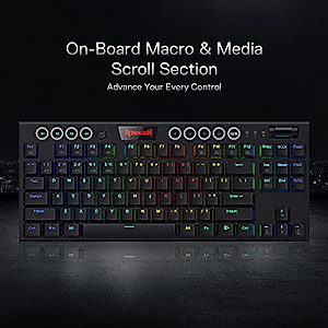 Redragon K621 Horus TKL Wireless RGB Mechanical Keyboard, 5.0 BT/2.4 Ghz/Wired Three Modes 80% Ultra-Thin Low Profile Bluetooth Keyboard w/Dedicated Media Control & Clicky Blue Switches, Black
