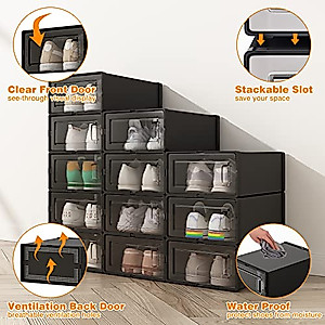 Fixwal Clear Shoe Storage Boxes Stackable, 12 Pack Large Shoe Storage Box with Front Opening Lids, Shoe Container Boxes for Closet Bedroom Bathroom, 13.1 x 9 x 5.5 Inches, Black
