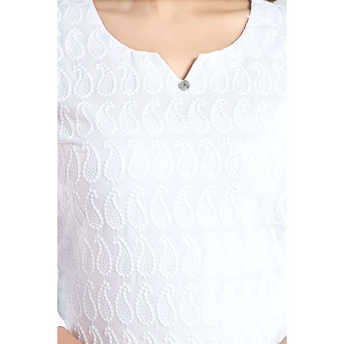 QUEEN SHIELD Women's Chikan-Kari Long Knee Length Kurti(White)(3XL)(46White9999)