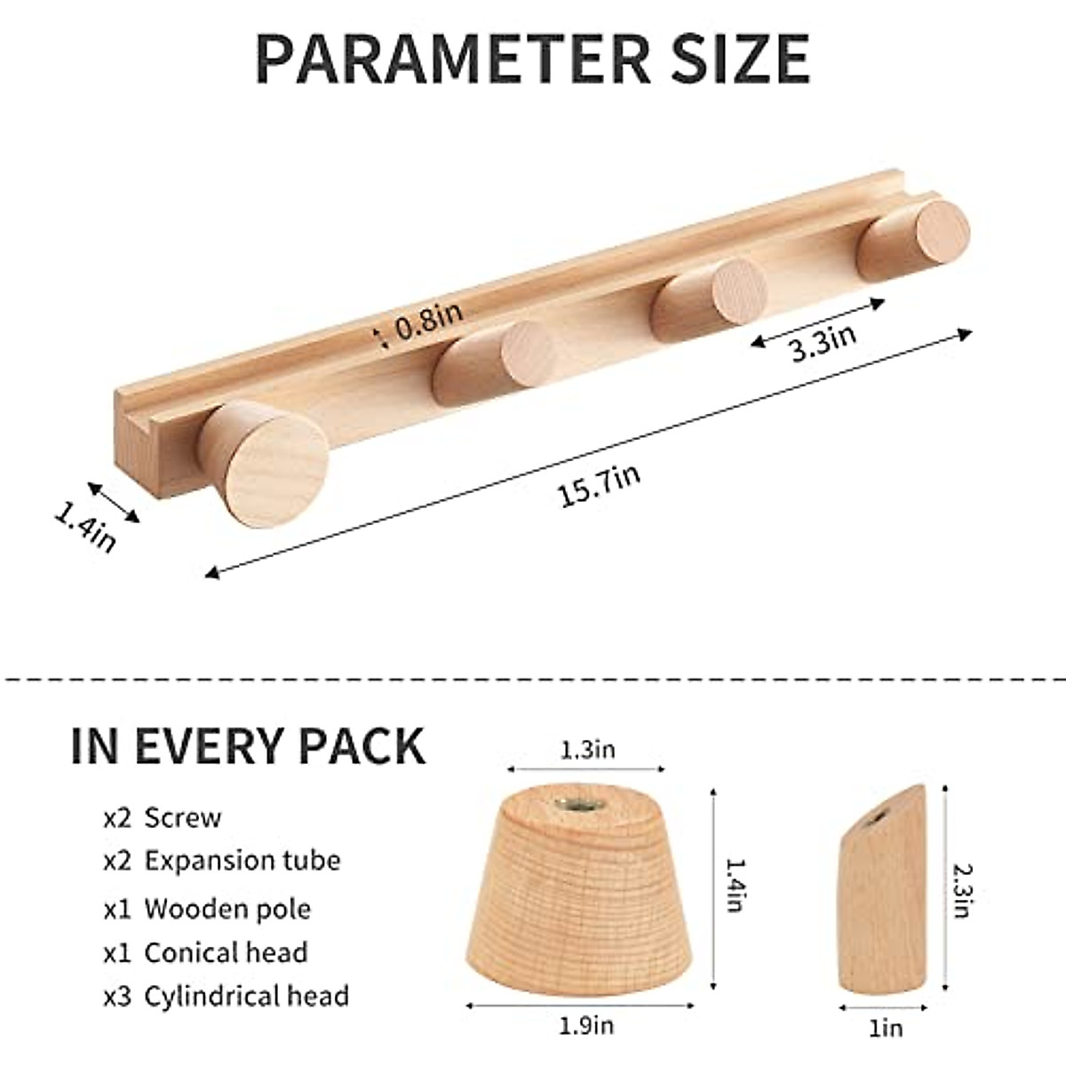 DRKUN Wood Coat Hook 15 Inch Wall Mounted Coat Rack Decorate 4 Hooks, Rubber Wood Hook for Clothes Hat Towel Robe