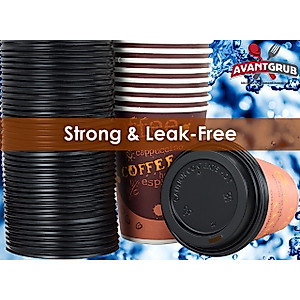 Avant Grub 100 Pack 12 Oz Restaurant Grade Paper Coffee Drinking Cup With Recyclable Dome Lids. Durable, BPA Free Disposable Designer Cups For Hot Drinks At Kiosks, Shops, Cafes