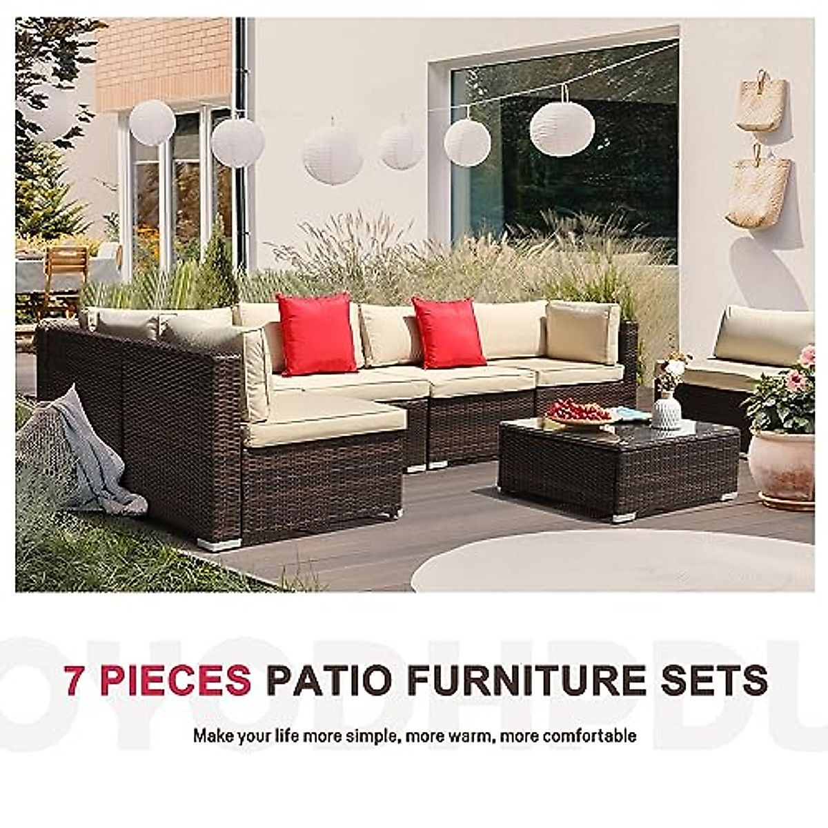 Patio Furniture Set - 7 Piece Wicker Furniture Sets - Patio Sectional Sofa All Weather Outdoor Sectional Patio Sofa - Brown PE Rattan Patio Conversation Set with Coffee Table and Beige Cushion