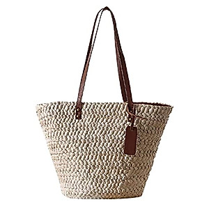 n/a Summer Straw Bags Women Handmade Woven Basket Shoulder Bags Beach Travel Large Capacity Tote Bags (Color : Photo Color, Size : One Size)