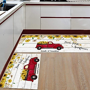 Kitchen Rugs and Mats Non Slip Cushioned Anti Fatigue Machine Washable 2 Pieces Rug Set Kitchen Mats For Floor,Sunflowers Red Car Vintage Farm Fresh Loads of Sunshine (15.7"x23.6"+15.7"x47.2" inches)