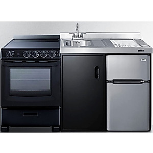 Summit Appliance ACK63ELSTB 64" Wide All-in-one Kitchenette with 4-Burner 220V Smooth-top Electric Range, Refrigerator-Freezer Sink, Cutting Board and Cutlery Storage, and Storage Cabinet