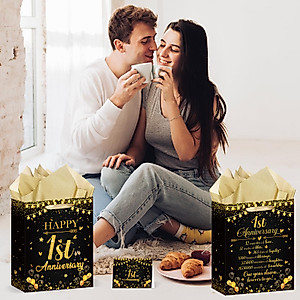 1st Anniversary Paper Gift Bag Black Gold One Year Wrapping Paper Bag with Tissue Paper Card Happy First Wedding Anniversary Party Gift Bag for Couple Wife Husband 1st Wedding Anniversary Decorations