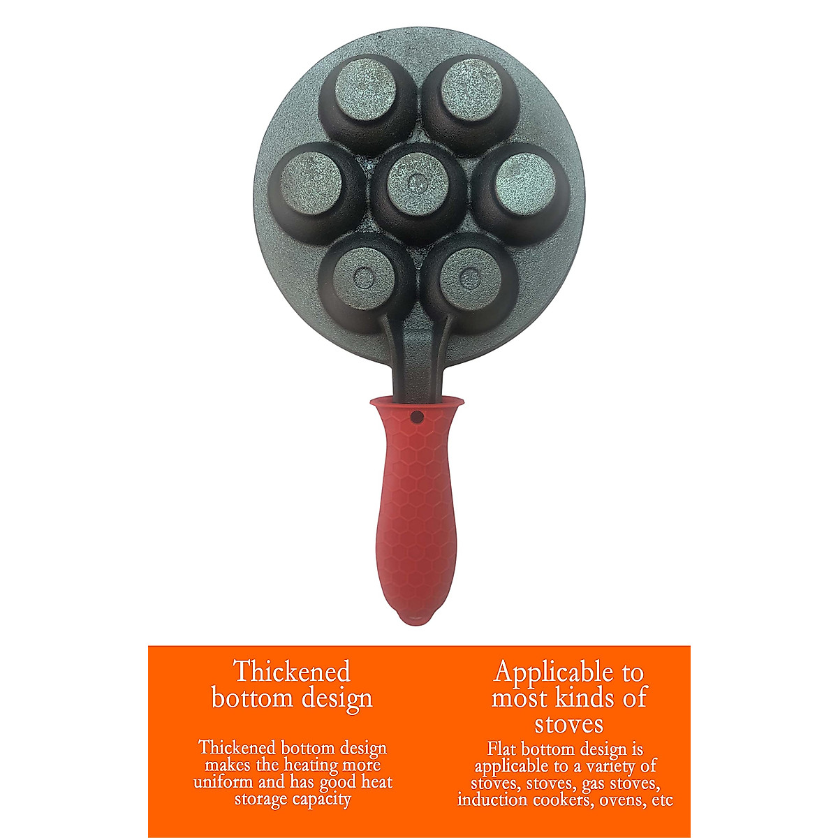 Heaunzy Japan large aperture takoyaki pan cast iron with silicone cover and stainless steel cover,Poffertjes pan,Appam pan,Masa,Banh khot pan,durable non stick,heavy cast iron uncoated 1.7kg(7 Hole)