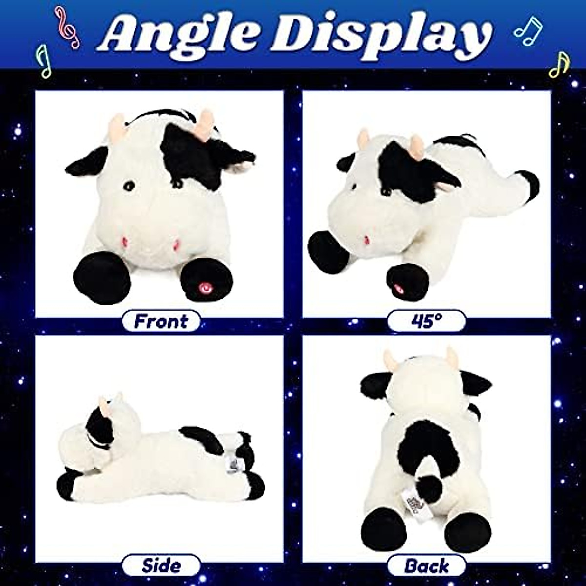 Cuteoy Musical Plush Cow Stuffed Animal Soft Glowing LED Light-up Nightlight Toys Singing Lullabies Birthday Christmas Plushies Gifts for Kids Boys Girls,15.5"