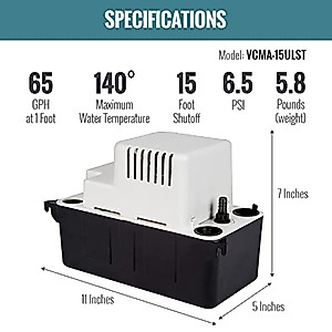 Little Giant VCMA-15ULST 115 Volt, 65 GPH, 1/50 HP Automatic Condensate Removal Pump with Safety Switch and Tubing, Black/White, 554415