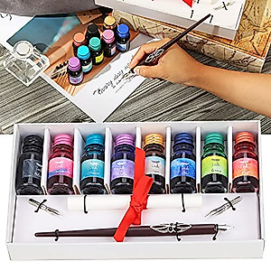 Bewinner Ink Glass Dip Pen Set, Wooden Calligraphy Ink Pen, 8-Color Ink Pen Gift Box Packaging with Replaceable Nib