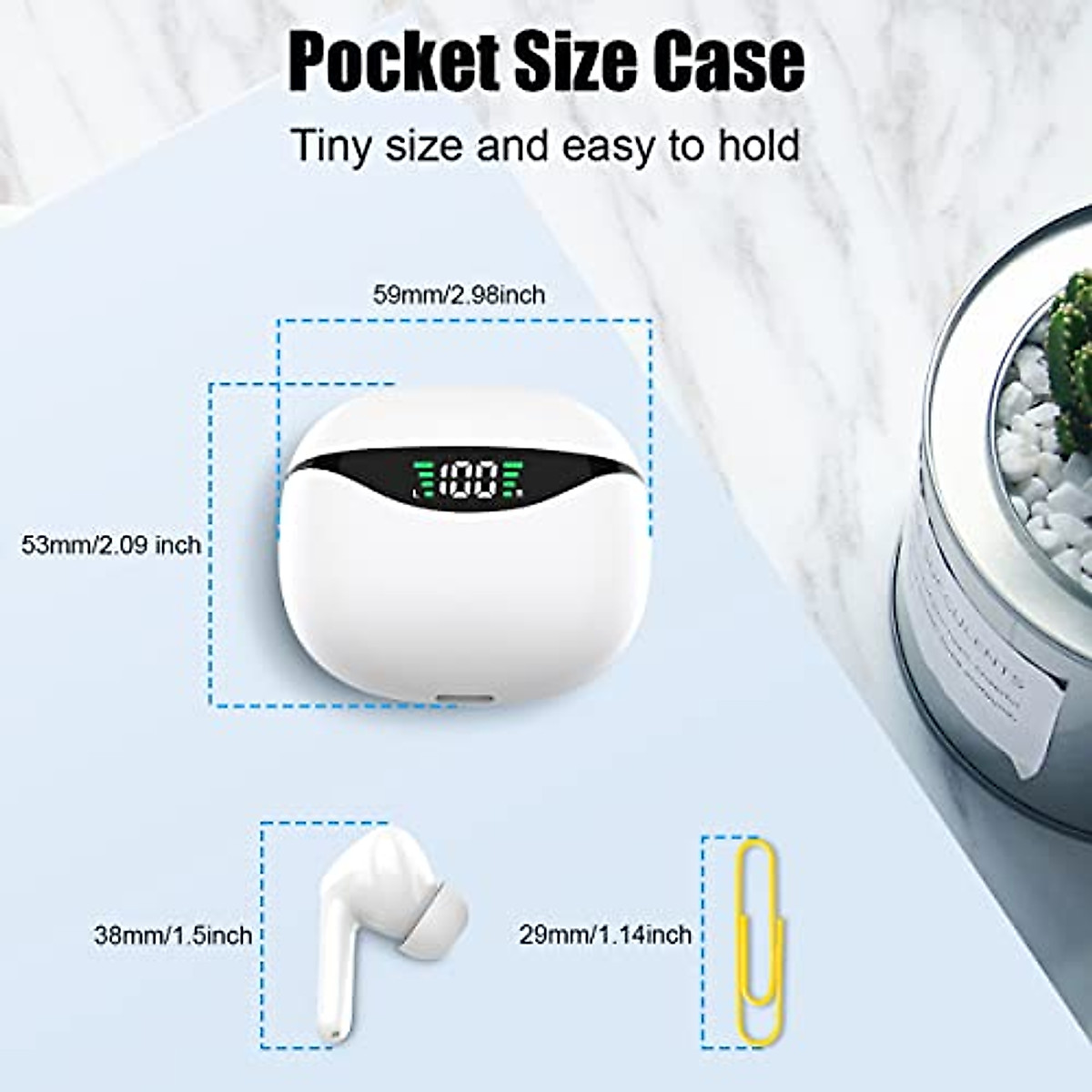 OGNILLE Wireless Earbuds Bluetooth 5.2 LED Power Display Headphones Touch Control Light-Weight ENC with USB Charging Case, Built-in Mic, 30hr Battery Earphones, Waterproof for Sport, White