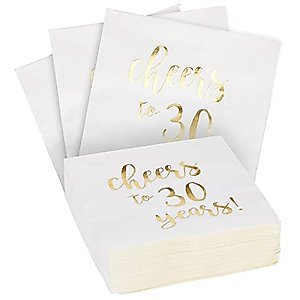50 Pack Cheers to 30 Years Cocktail Napkins for 30th Birthday, Anniversary Party Supplies, 3-Ply, White and Gold Foil (5 x 5 In)