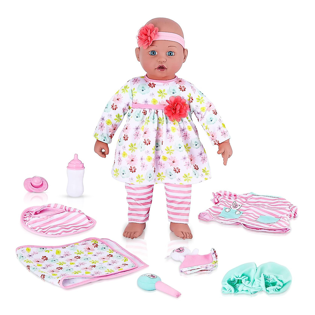 KOOKAMUNGA KIDS 18” Baby Doll Set - Baby Dolls for 2 Year Old Girls & Boys and Up - Comes w/Soft Baby Doll - Toy Baby Bottle - Diaper Bag - Blanket & Pacifier & Plush-Rattle