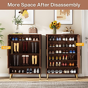 Tribesigns Shoe Cabinet with Doors, 6-Tier 18 Pairs Shoe Storage Cabinet for Entryway, Wooden Entryway Shoe Cabinet with Adjustable Shelves for Living Room, Bedroom (Walnut, Gold Legs)