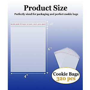 Cookie Bags 4x6 Inch,320 Pcs Clear Cellophane Bags for Packaging Cookies & Treats - Self-Sealing,Plastic Wrappers for Bakery Packaging and Gifts