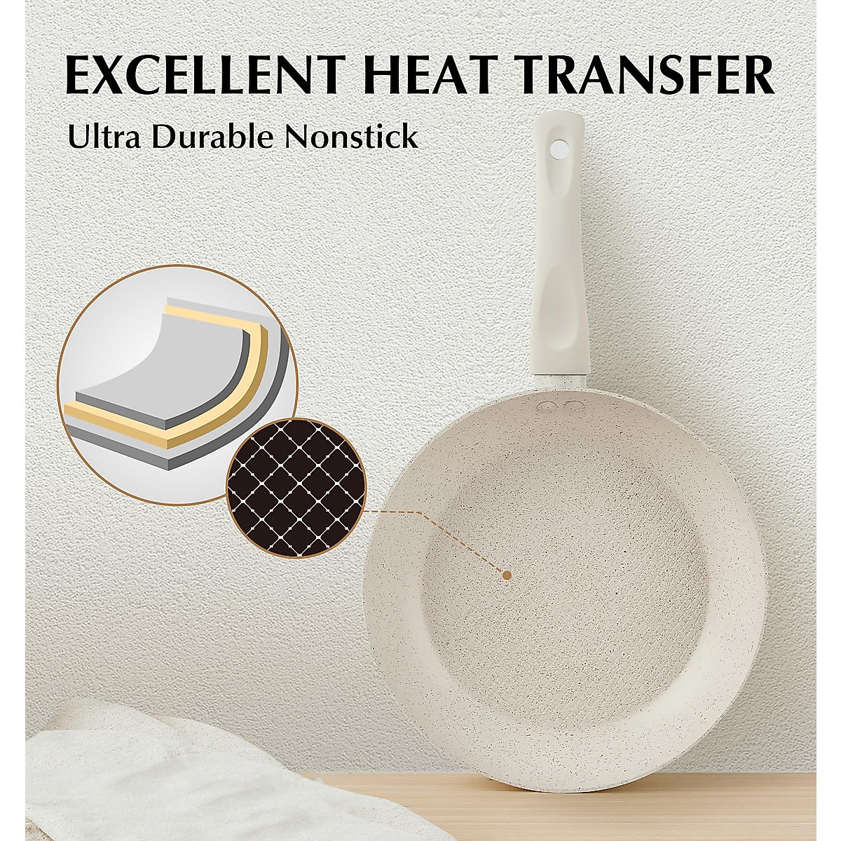 KOCH SYSTEME CS Nonstick Frying Pan 8 Inch White, Omelette Pan with Stay-cool Bakelite Handle, Toxin-Free Marble Coating Aluminum Pan for Healthy Cooking, All Stoves Compatible, Easy to Clean