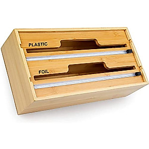 CTSZOOM 2 in 1 Wrap Dispenser with Cutter and Labels, Plastic Wrap, Aluminum Foil and Wax Paper Dispenser for Kitchen Drawer, Bamboo Roll Organizer Holder, Compatible with 12" Roll