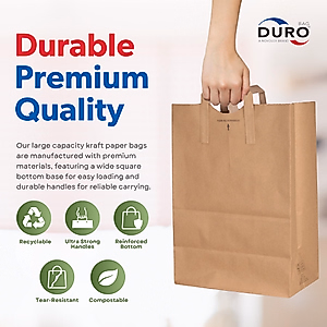 Duro 70# Large Brown Paper Bags with Handles Bulk 50 Count, 12 x 7 x 17 Inches, Blank Brown Grocery Bags with Handles, Paper Sacks for Recycling