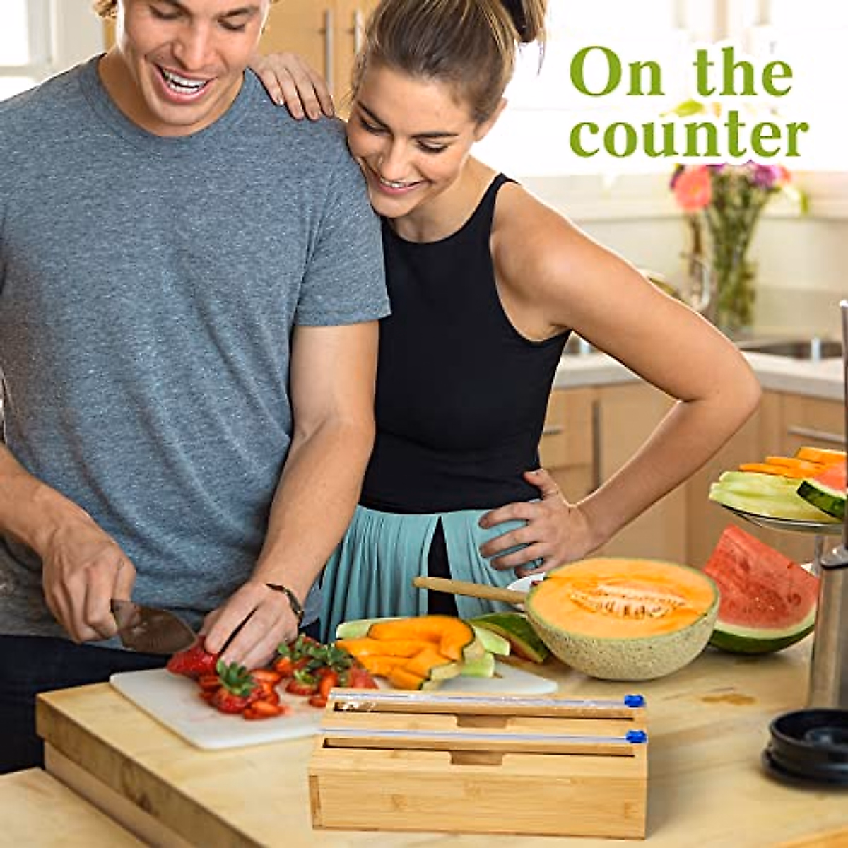 2 in 1 Wrap Dispenser with Cutter and Labels, Aluminum Foil and Plastic Wrap Organizer for Kitchen Drawer, Bamboo Roll Storage Organizer Holder for Cling Film and Tin Foil Wax Paper, Fits 12" Roll