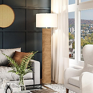 Urban Ambiance Luxury Scandinavian Floor Lamp, 19''W x 19''D x 64''H, with Modern-Farmhouse Elements, Natural Brown Finish and a White Linen Hardback Shade, UEX8102