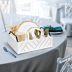 Paper Plate Dispenser, Paper Plate Holder for Kitchen Counter, Wood Rustic Silverware Utensil Caddy, Cutlery Flatware Organizer Box for Cups Spoons Forks Plates Napkins, Kitchen Accessories (White)