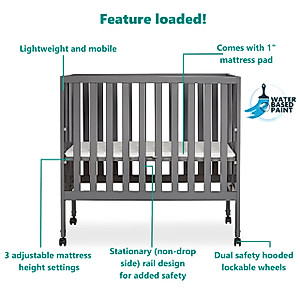 Dream On Me Jett Non-Full Size Folding Convertible Crib, Lightweight Portable Crib, Three Adjustable Mattress Height Settings, Easy to Fold Travel Crib, 1.5” Mattress Pad Included