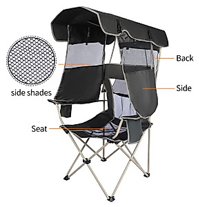 Camping Brothers Camping Chair with Full Sun Protection Canopy - Outdoor Folding Patio Chair with Adjustable Shade, Cup Holder, Side Pockets - Heavy Duty Steel Frame Supports 330 lbs (Army Green)