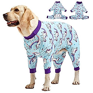 LovinPet Large Dog Pajamas PJS - Wound Care/Post-Surgical Recovery Shirt for Big Dogs, Lightweight Stretchy Pullover Dog Onesie, Full Coverage Dog Jammies, Magical Unicorn Rainbow Print, Pet PJ's/XXL