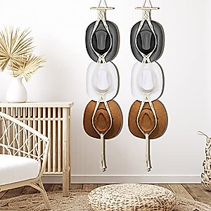 Hat Organizer Bohemian Hat Wall Hanging Wooden Hat Hooks Boho Hat Hangers for Wall Hanging Hat Display Hand Weaving Hat Rack Decorative Cap Holder for Wide Brim and Fedoras Baseball Caps (4 Pieces)