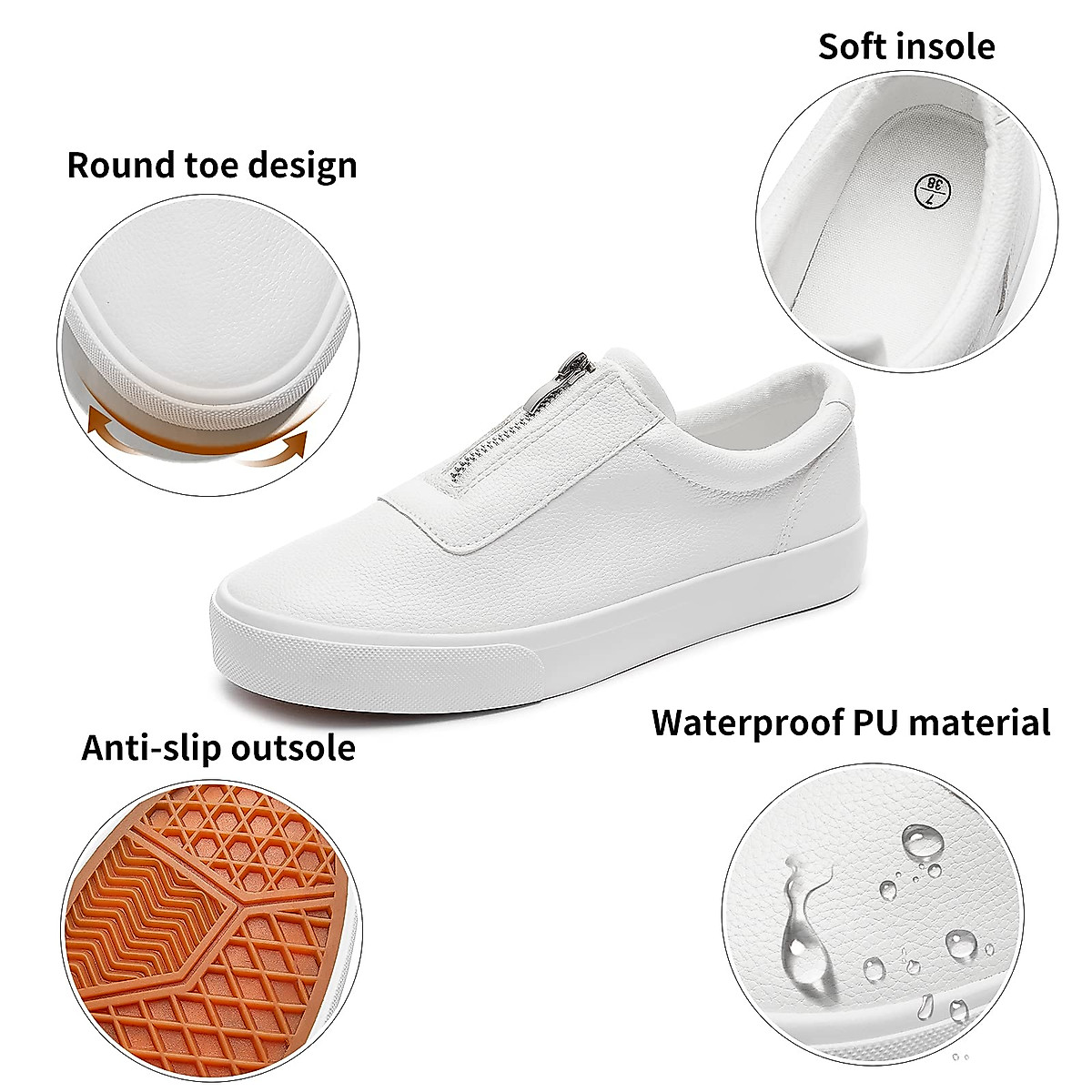 Adokoo Women's PU Leather White Shoes Slip on Sneakers Casual Walking Shoes Fashion Sneakers Slip on Tennis Shoes Zipper(S.White, US6)