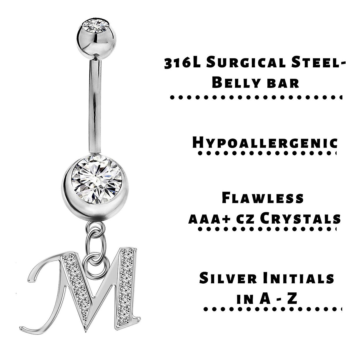 Bodytrend Initial Dangle Belly Button Rings with CZ Crystals in Silver Letters A to Z - British Standard - Certified by Sheffield Assay Office