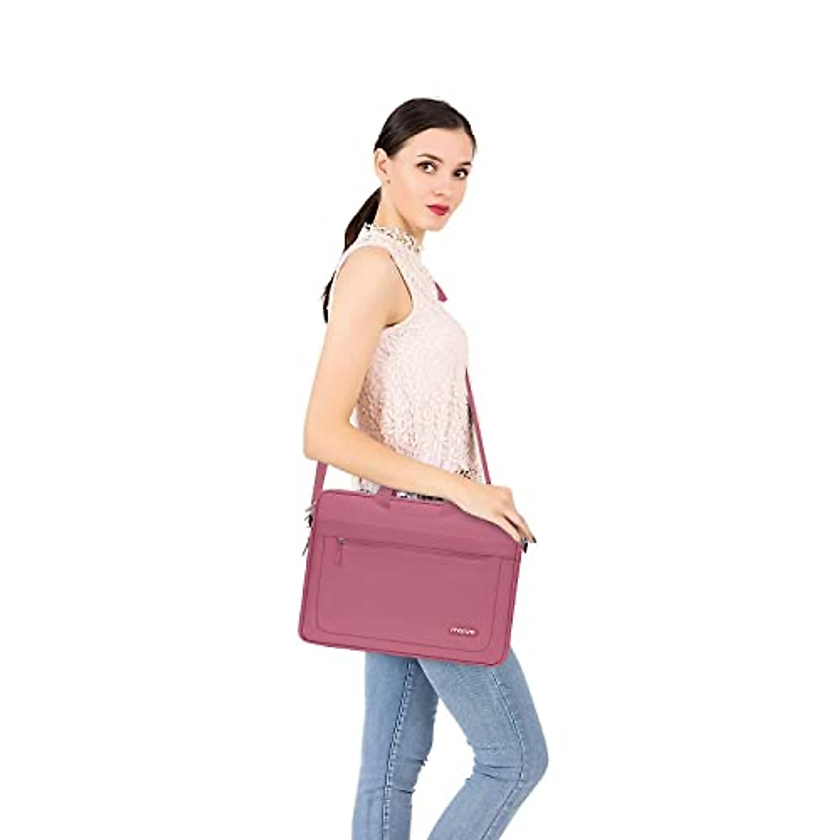 MOSISO Laptop Shoulder Messenger Bag Compatible with MacBook Air 15 inch M2 A2941/Pro 16 inch M3 A2991 M2 A2780 M1 A2485 A2141,15-15.6 inch Notebook with Adjustable Depth at Bottom, Dusty Rose