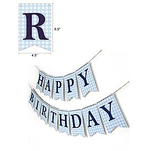 Blue Gingham Happy Birthday Banner, Light Blue and Navy Banner, Checkered Banner