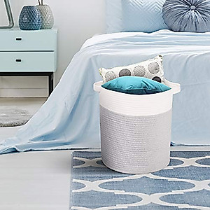 Syeeiex Rope Basket, 14''x 14''x 16'' Blanket Basket Woven Baskets for Storage, Tall Rope Baskets, Basket for Baby Toys, Clothes, Towels, Pillows, White & Grey