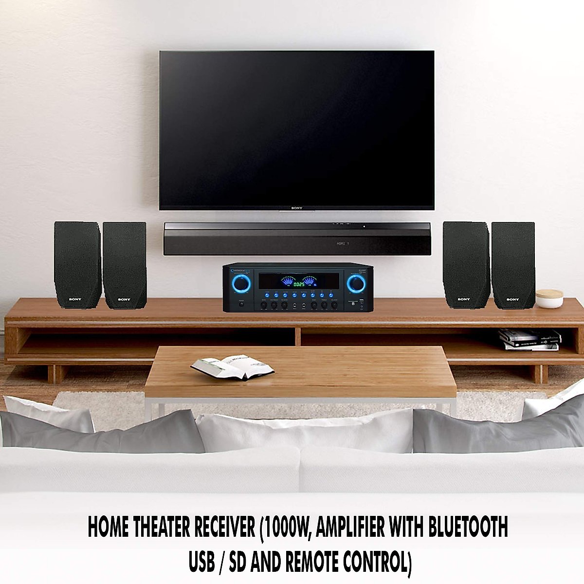 Technical Pro Professional 1000 Watts Receiver with USB SD Card Inputs, 2 Mic Inputs, Recorder, and Wireless Remote