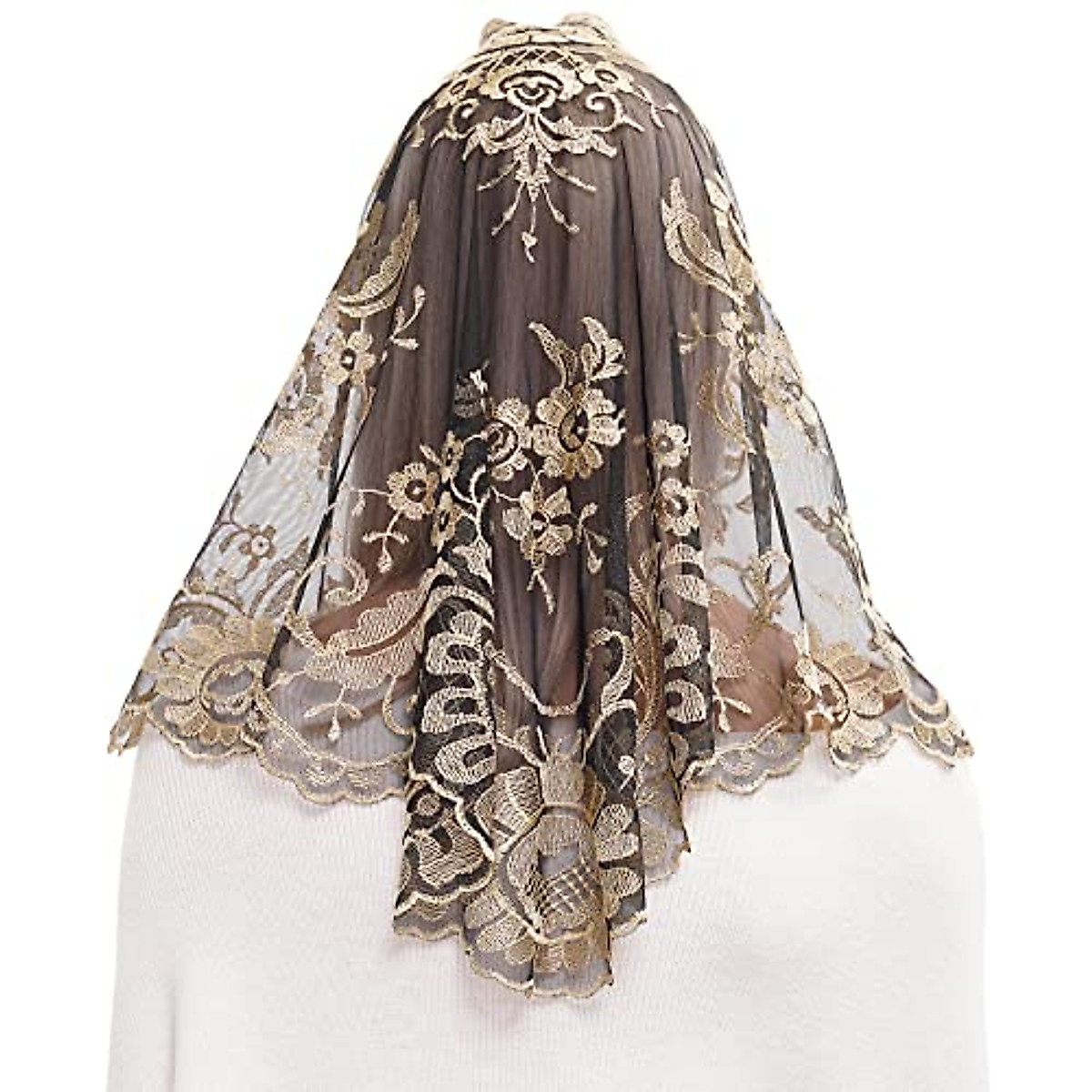 Spanish Mantilla Embroidery Lace Veils Catholic Church Mantillas Chapel Scarf Lace Mass (black and gold), 120cm*60cm